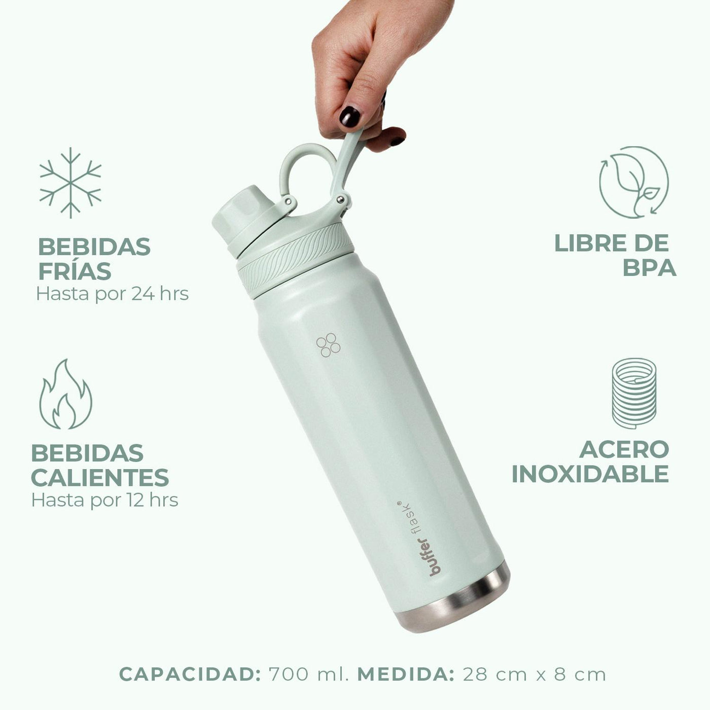 Botella Agua Térmica Paine 700ml Acero Inoxidable + 2 Tapas — Buffer Flask